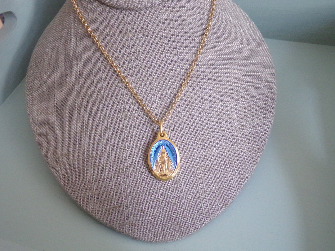 Beautiful Extra Large 18K Gold Plated French Blue Enamel Miraculous Medal Necklace. Holy Mary ...