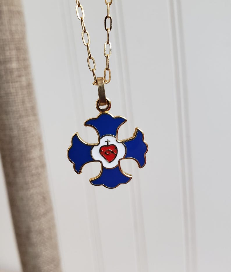 French Jesus Sacred Heart Fleury Cross Medal Necklace, Enamel, 18" Gold ...