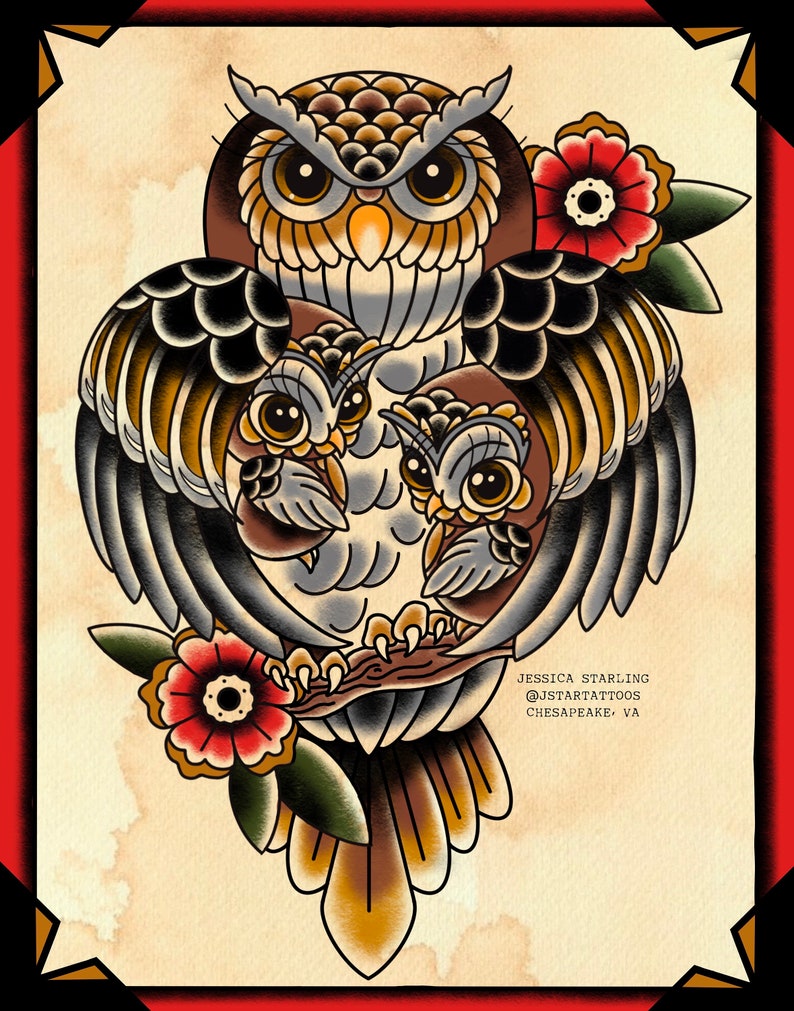 Traditional Mama Owl With Owlets Tattoo Flash - Etsy