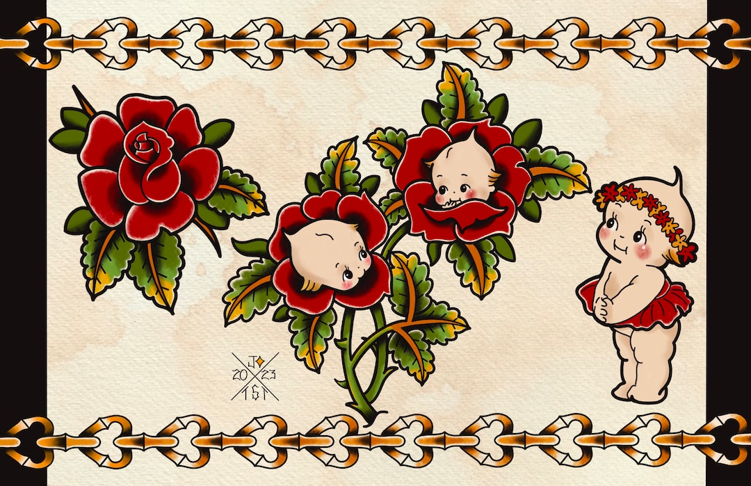 Traditional Kewpie Roses Tattoo Flash - Etsy