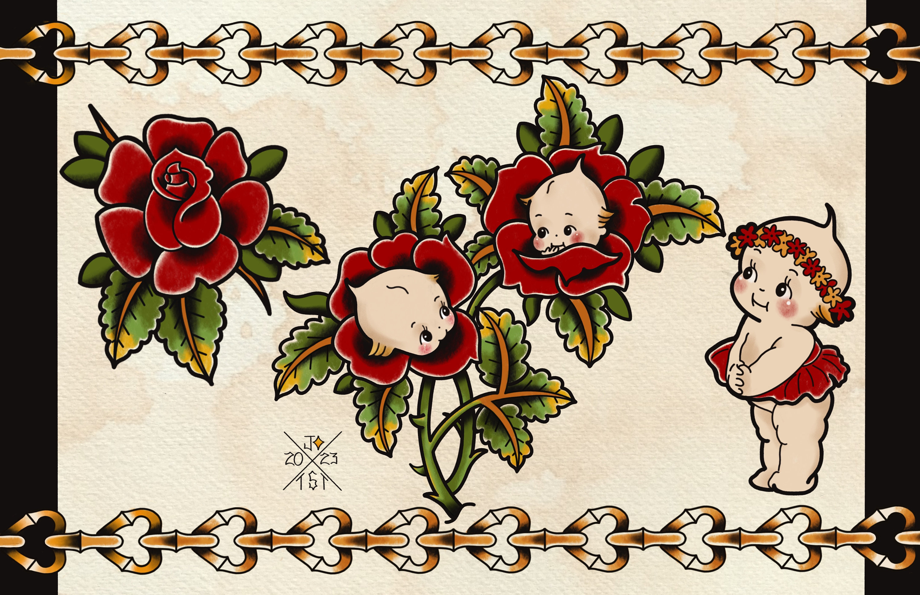 Traditional Kewpie Roses Tattoo Flash - Etsy