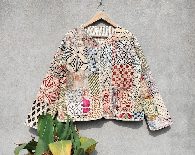 Cotton Patch Work Jacket Quilted Kantha Coat Front Pocket Handmade ...