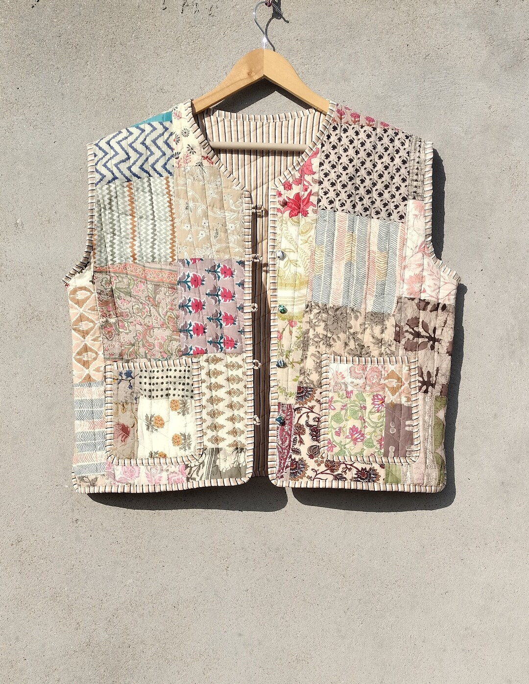 Sleeeveless Beige Patchwork Jacket With Front Two Pockets , New Style ...