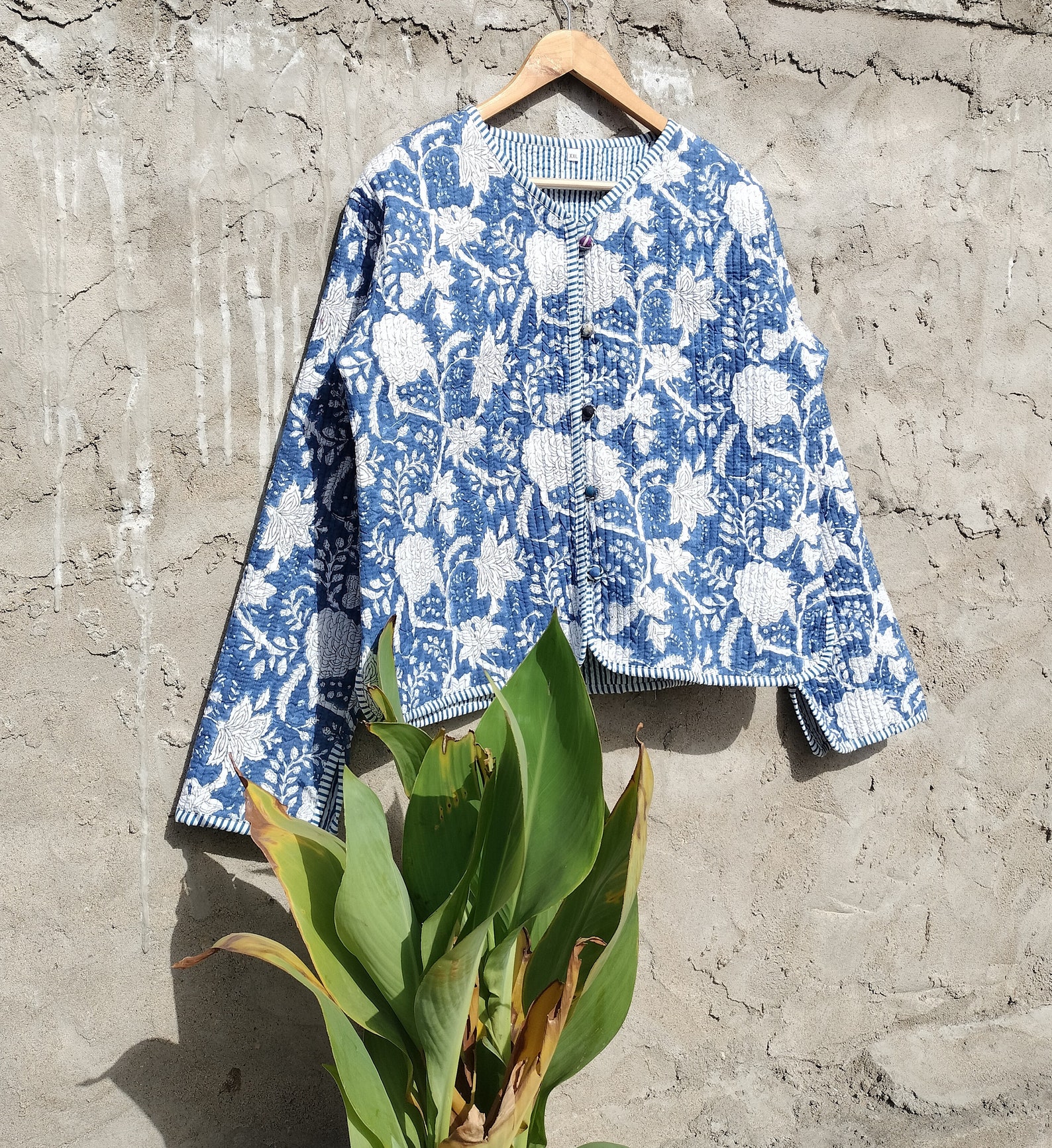 Handmade Block Print Quilted Cotton Jacket: Blue Floral Boho Coat - Etsy