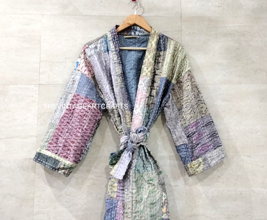 Vintage Silk Sari Grey Color Kantha Kimono Robes Lover Recycled ...