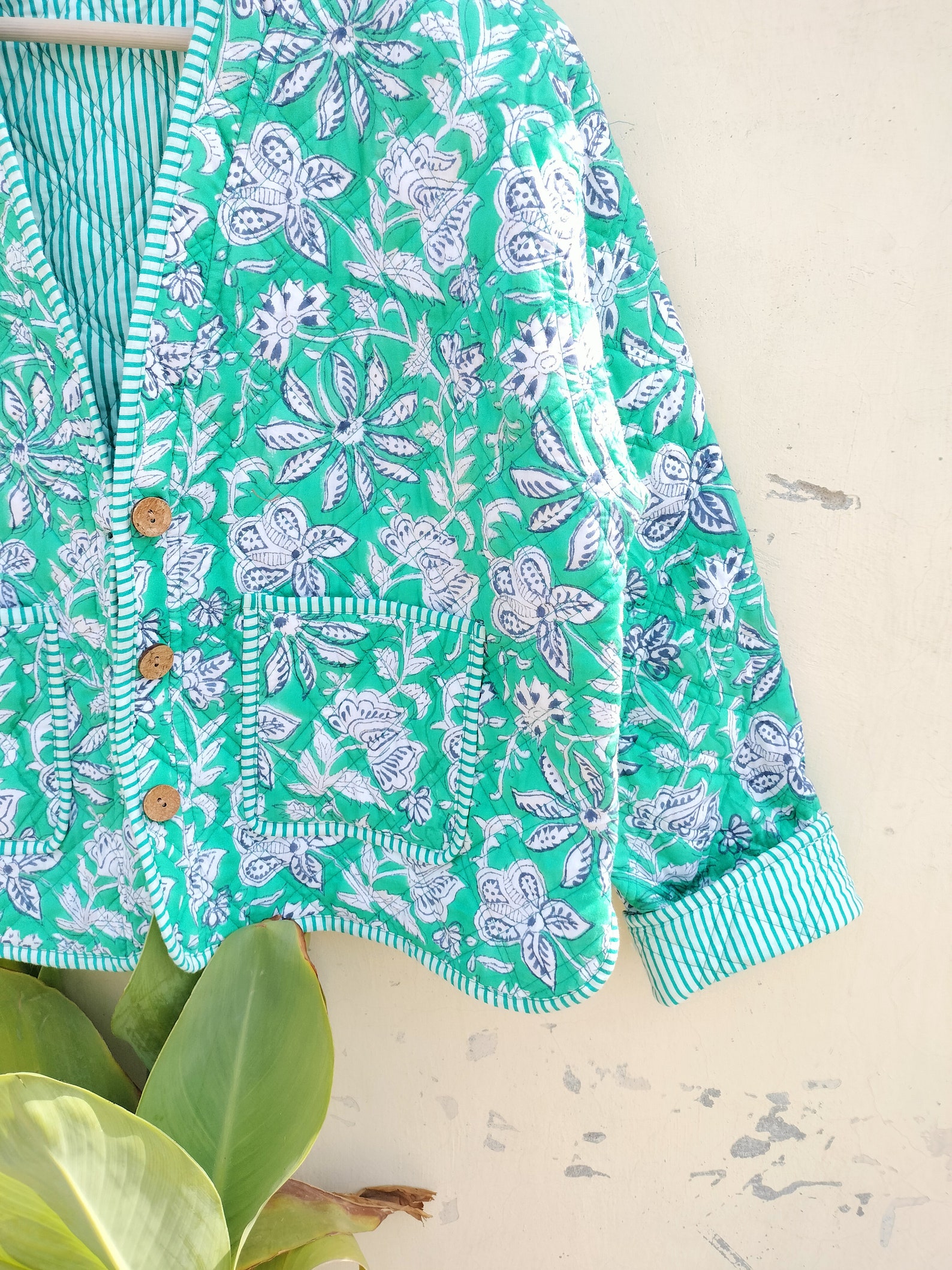 Hand Block Print Cotton Quilted Jacket: Green Floral Kantha Jacket - Etsy
