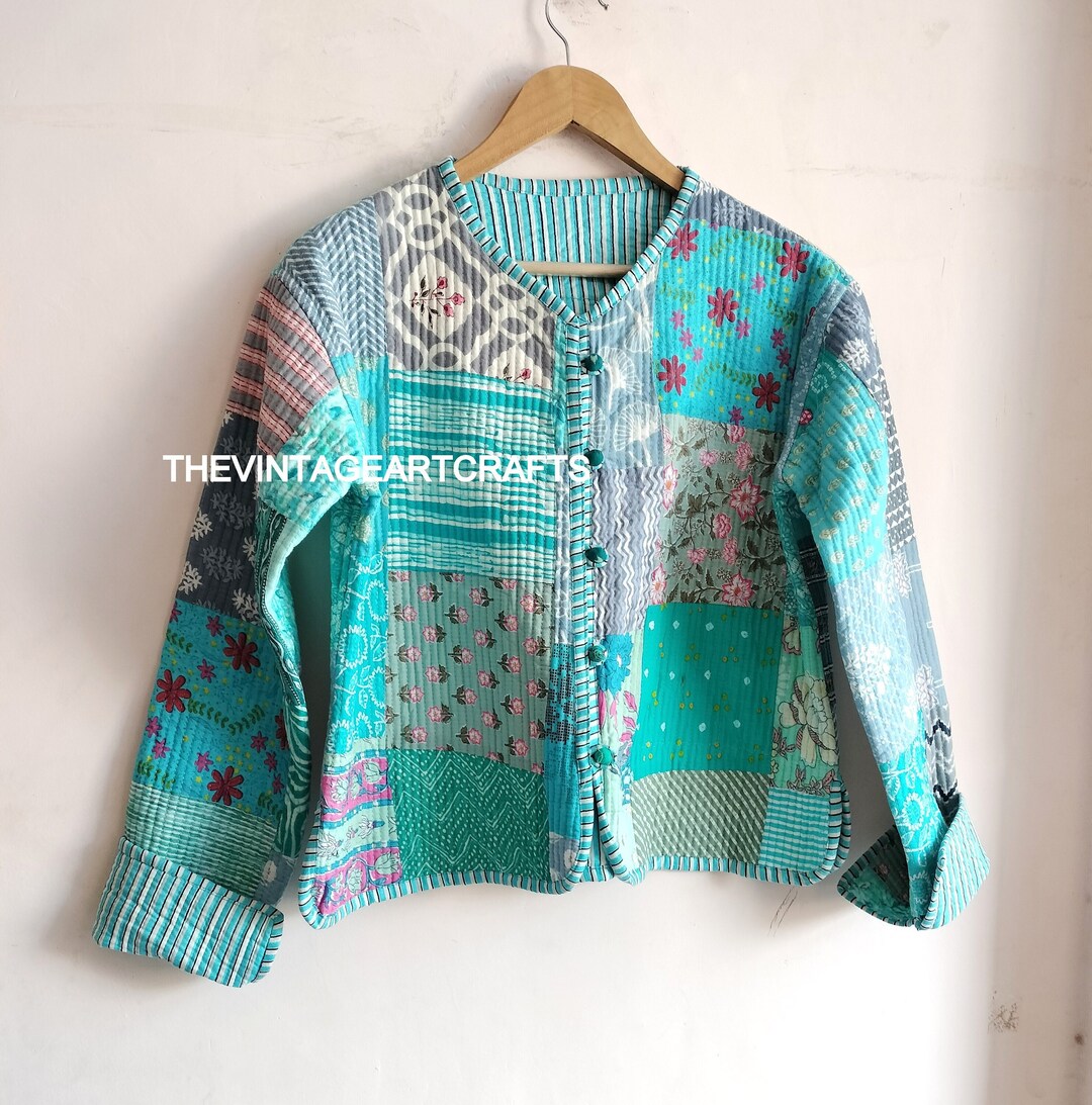 Reversible Quilted Cotton Jacket In-vintage Red/blue Floral Block Print ...