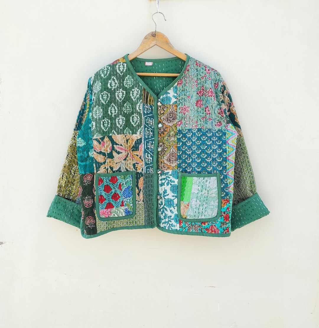 Green Handmade Women's Kantha Jacket Indian Cotton Assorted Patchwork ...