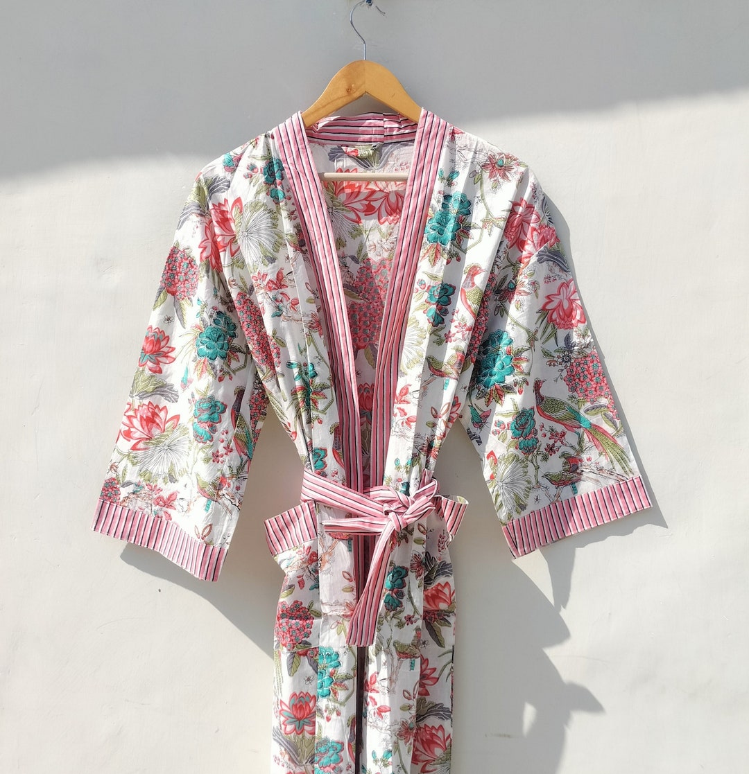 Cotton Kimono Robe Dressing Gown, Block Print Bridesmaid Robe, Summer ...