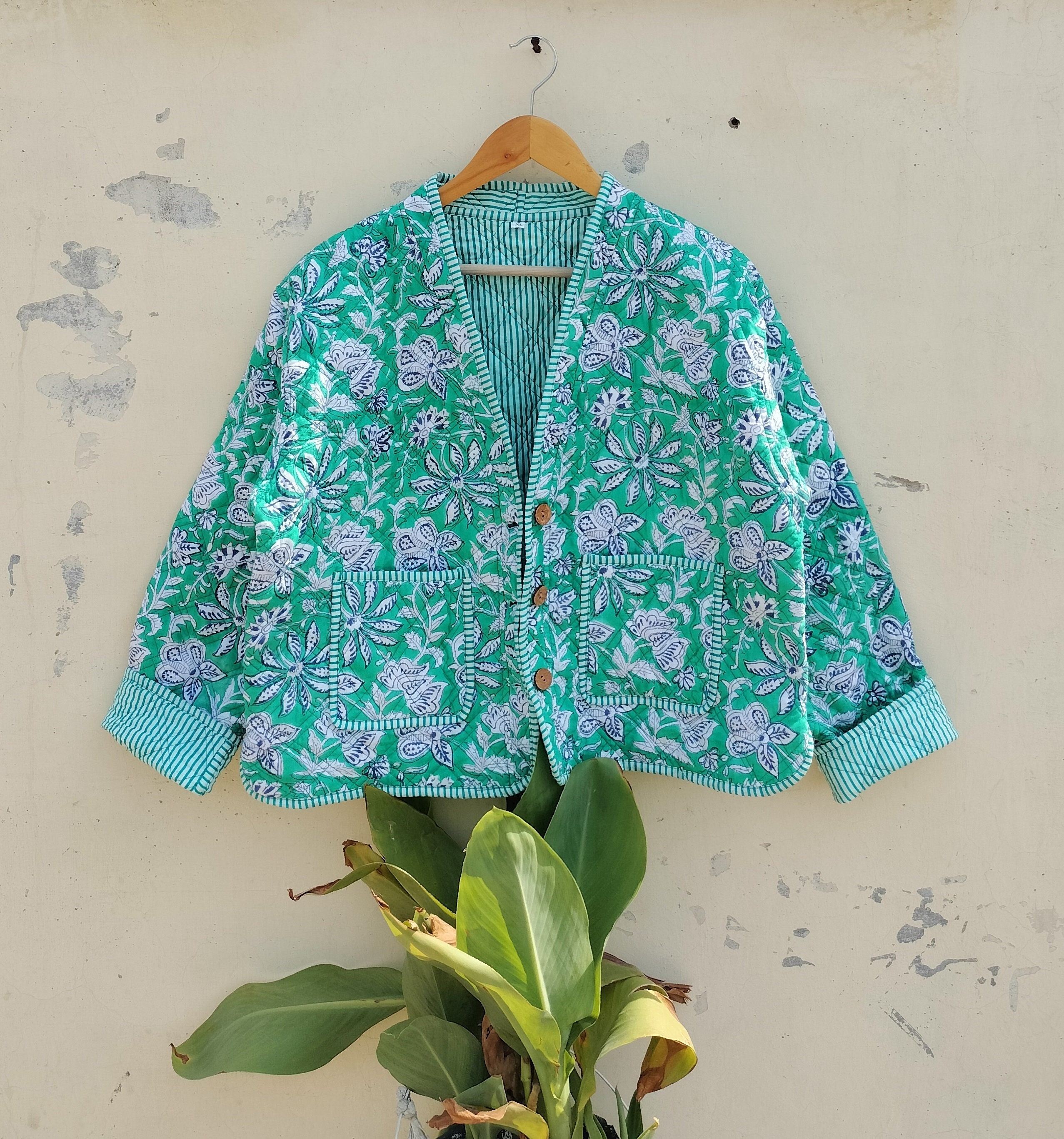 Hand Block Print Cotton Quilted Jacket: Green Floral Kantha Jacket - Etsy