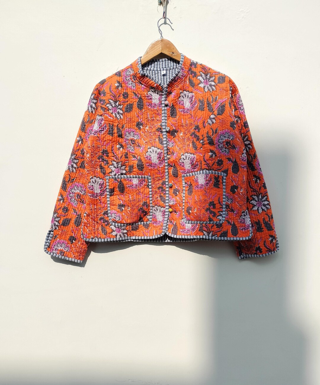 Block Print Quilted Jacket Cotton Flower Bohemian New Style Full Winter ...