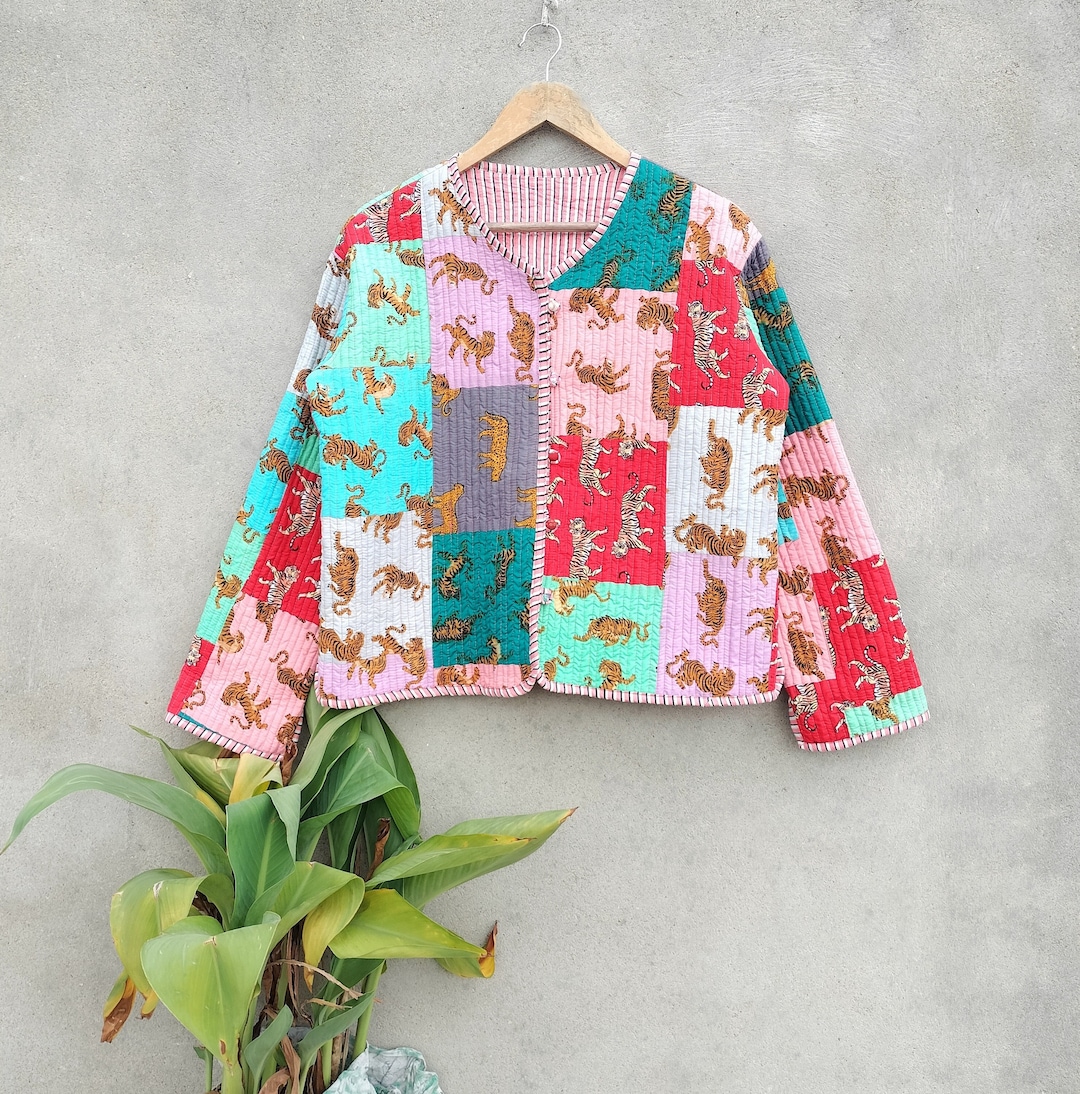 Cotton Tatch Work Reversible Jacket Multi Color Sher and Chita Print ...