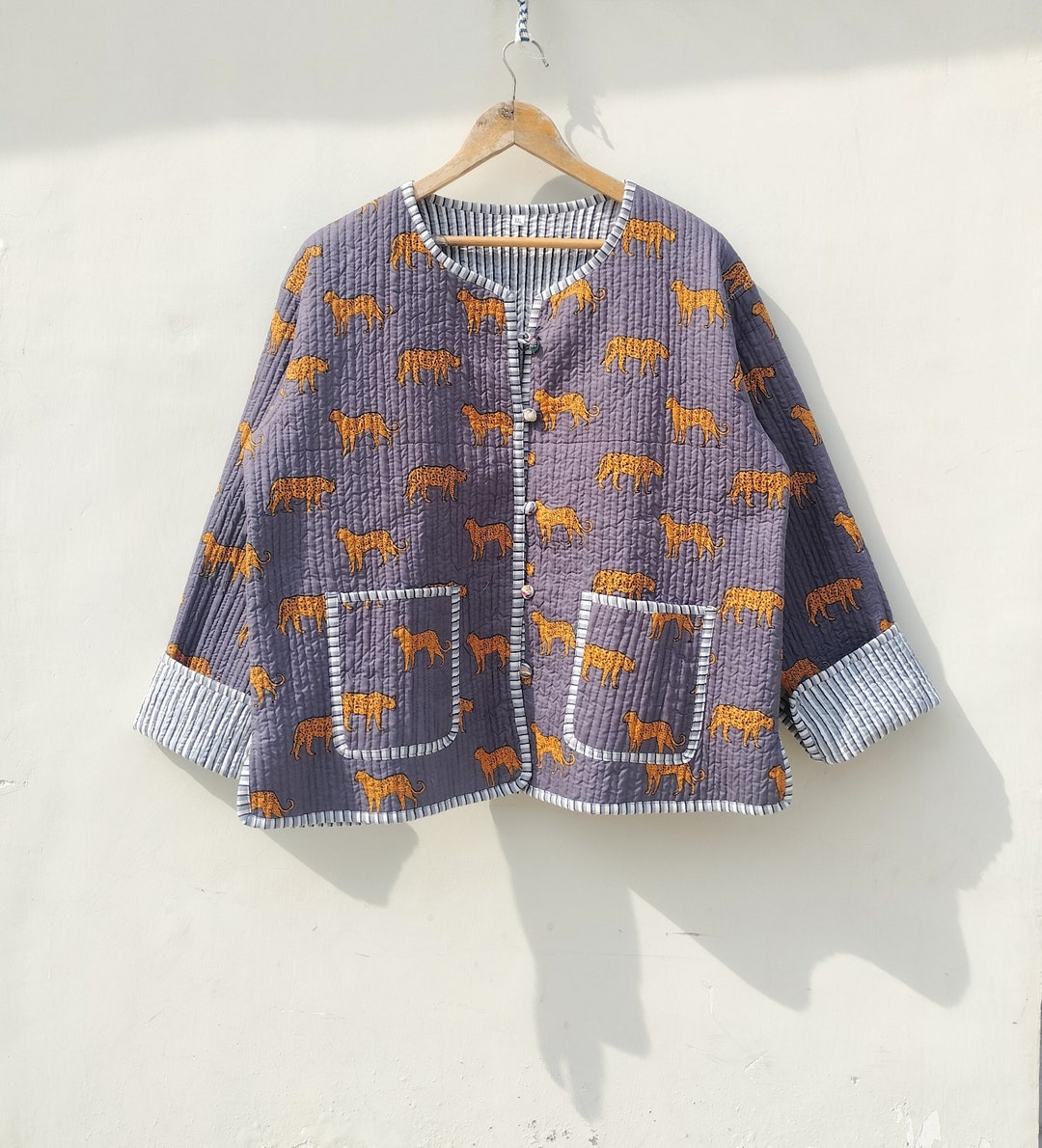 Buy Cotton Block Print Indigo Coat, Short Jacket , Womens Jacket ...