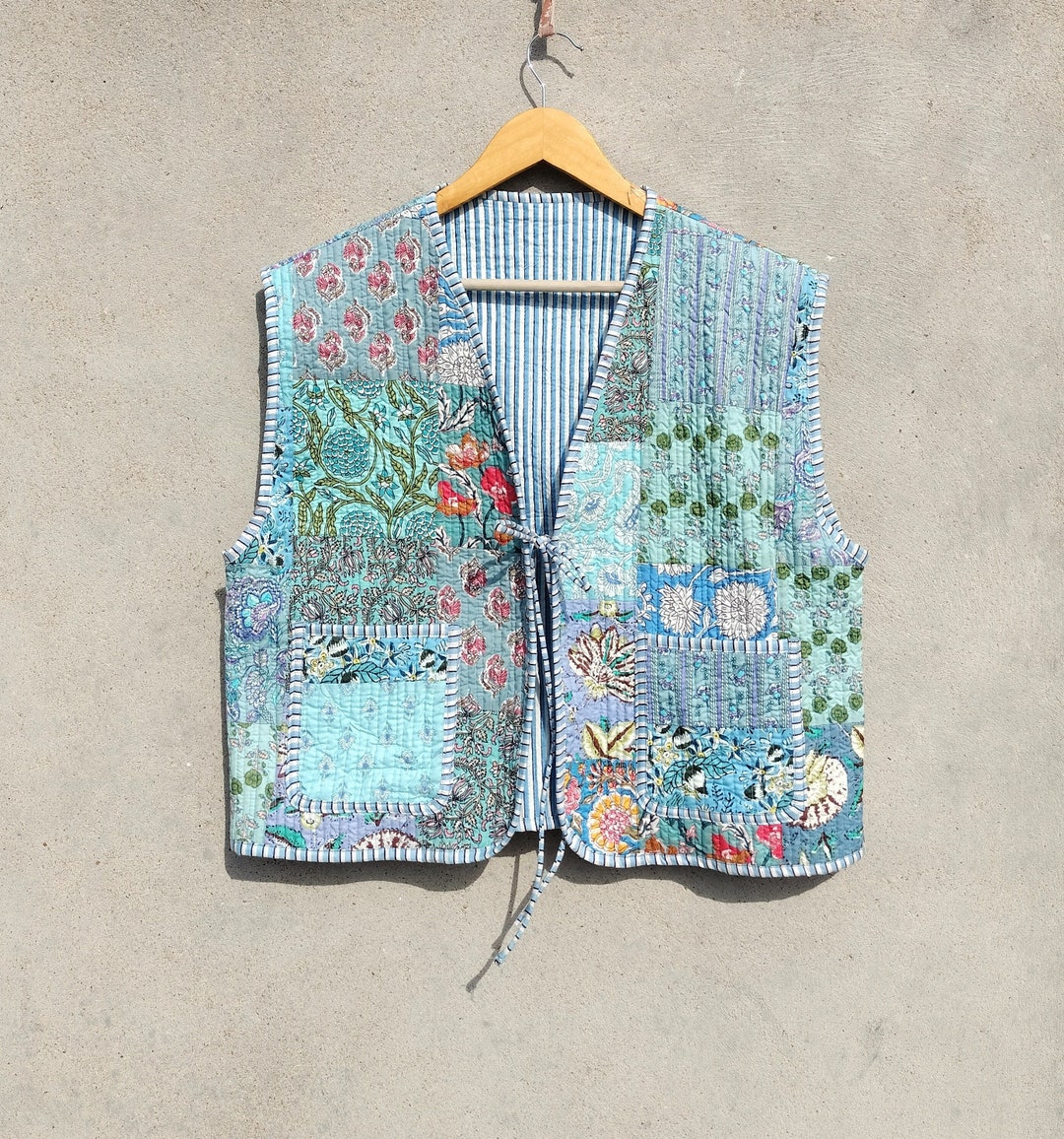Sky Blue Patchwork Quilted Vest: Handmade Indian Boho Jacket - Etsy