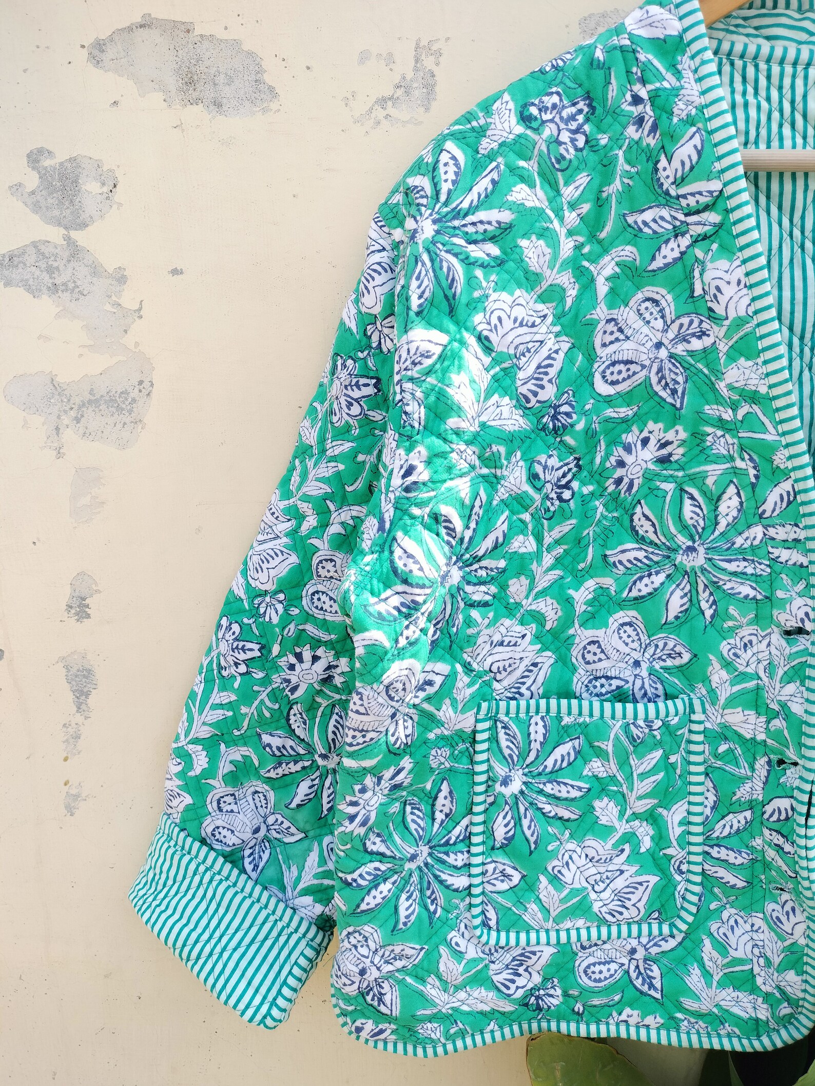 Hand Block Print Cotton Quilted Jacket: Green Floral Kantha Jacket - Etsy