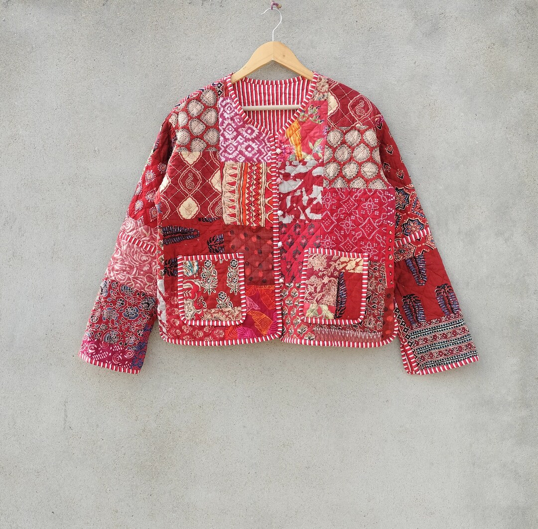 Rede Color Handmade Patchwork Jackets, Indian Cotton Handmade Winter ...