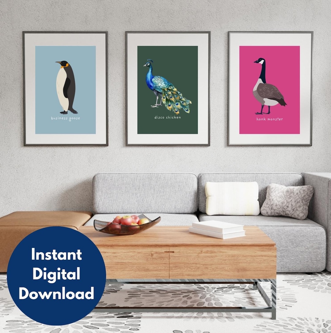3X Funny Bird Prints | DIGITAL DOWNLOAD | Goose, Penguin & Peacock ...