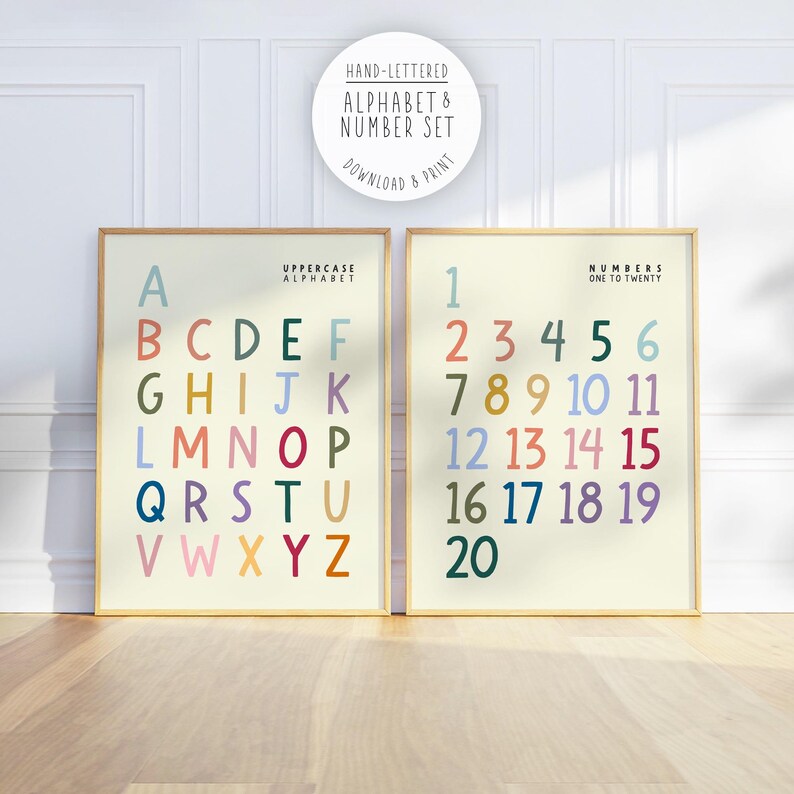 Hand-lettered Alphabet & Numbers Print Set of 2: Educational Color Pop ...