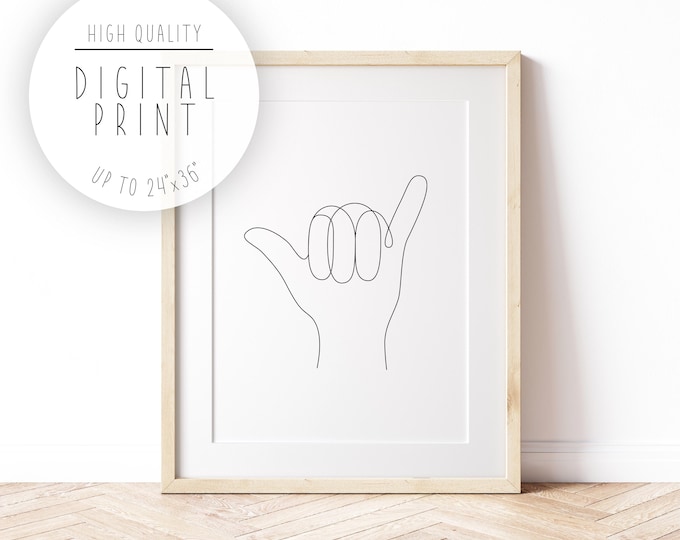 Shaka Hand Line Drawing, Shaka Sign Art Print, Hand Line Art, Mahalo ...