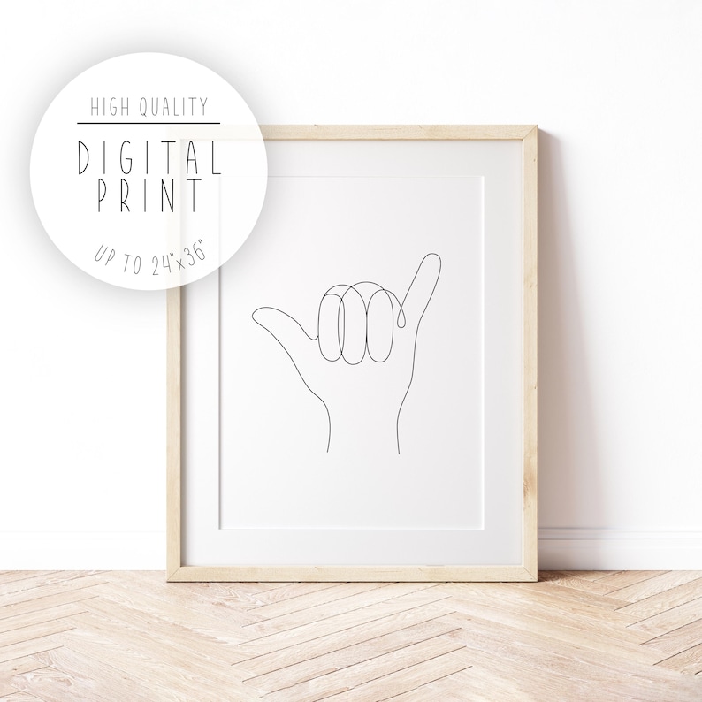 Shaka Sign Hand One Line Art INSTANT DOWNLOAD, Black & White Shaka Sign ...