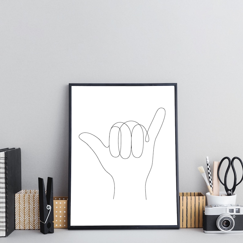 Shaka Sign One Line Art: Black & White Minimalist "hang Loose" Hand ...