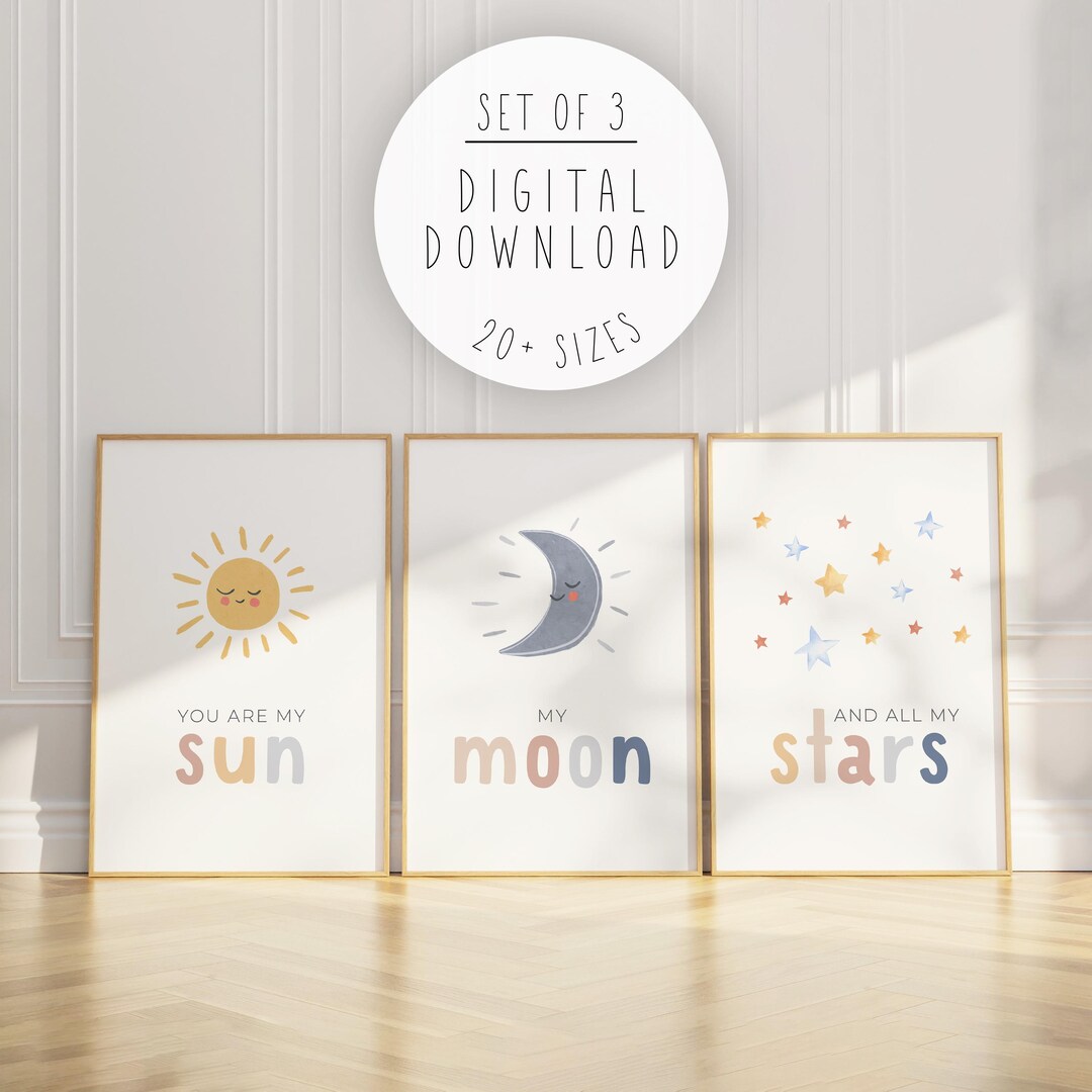 You Are My Sun Moon Stars Print Set: Hand-painted Watercolor Nursery ...