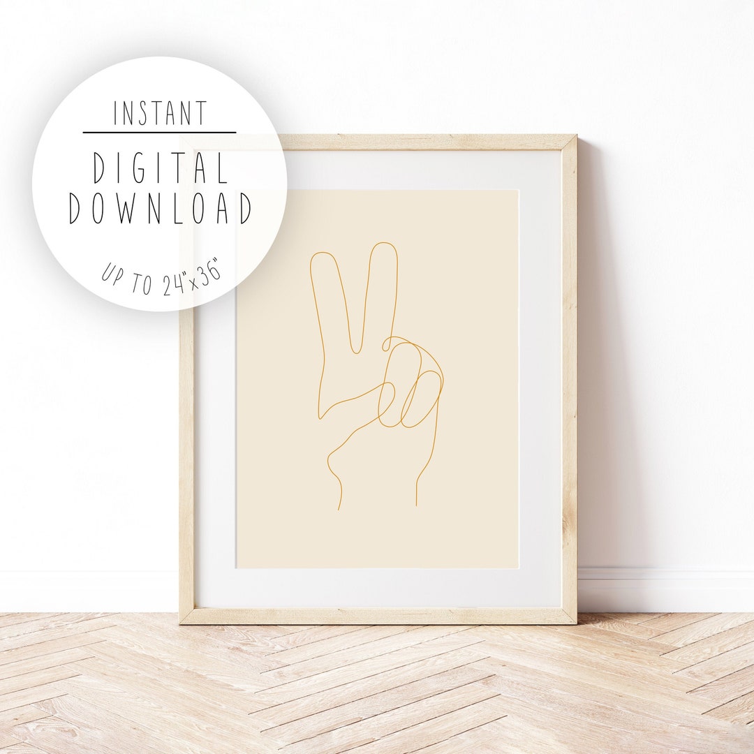Peace Sign Hand Minimalist One Line Art INSTANT DOWNLOAD, Tan and Gold ...