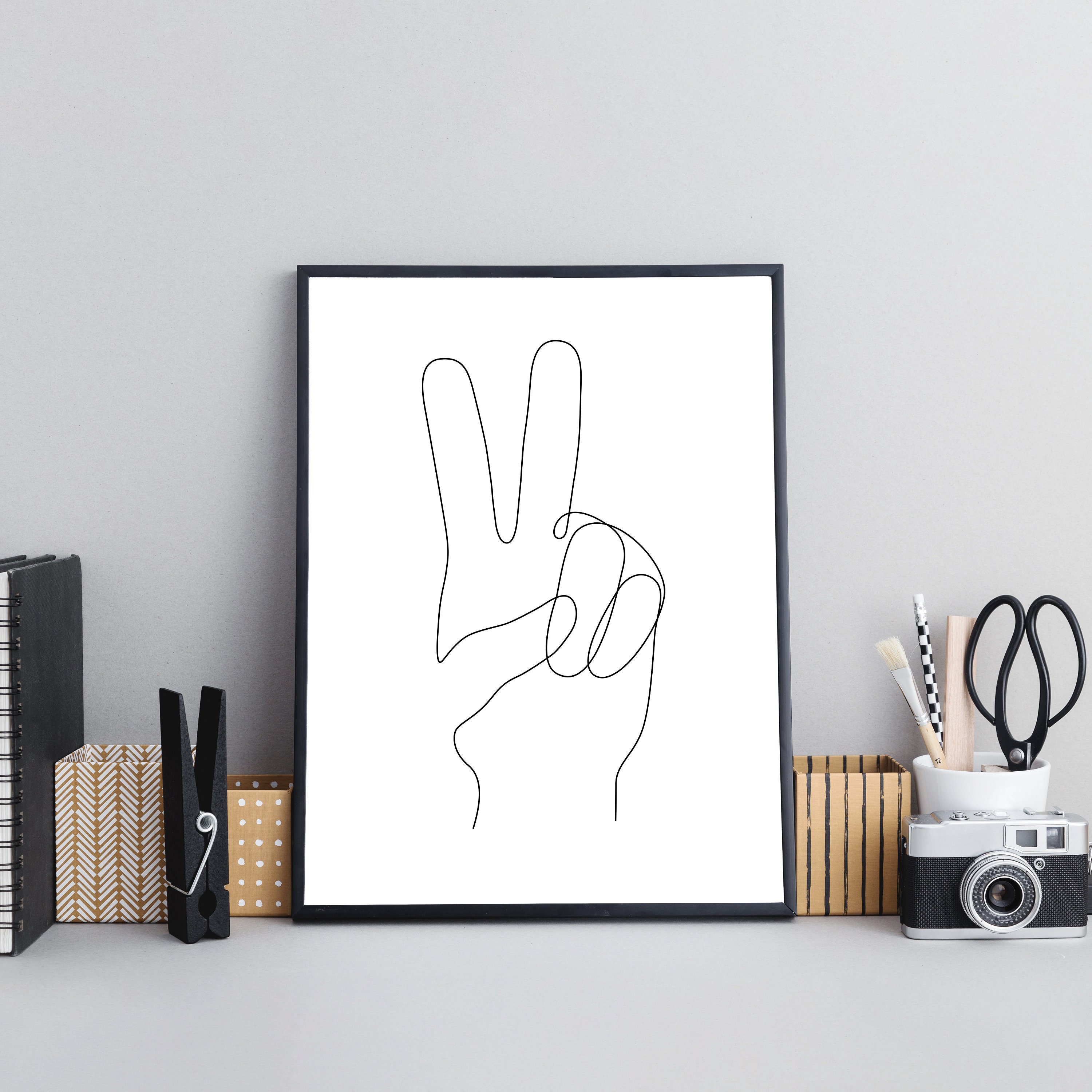 Peace Sign Hand One Line Art INSTANT DOWLOAD Black and White | Etsy