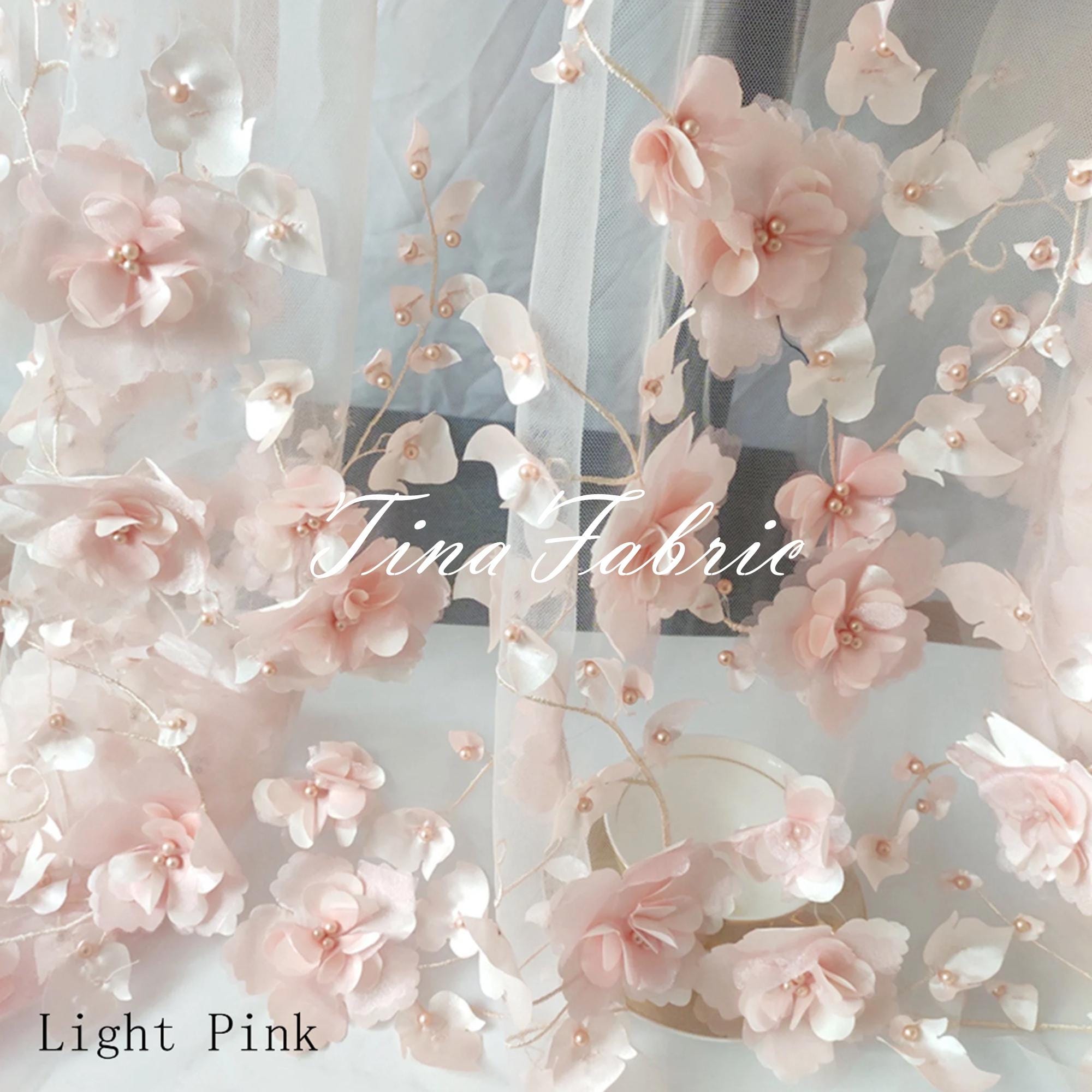 3D Light Pink Chiffon Flower Fabric: Beaded Pearl Tulle Lace, 51'' Wide ...