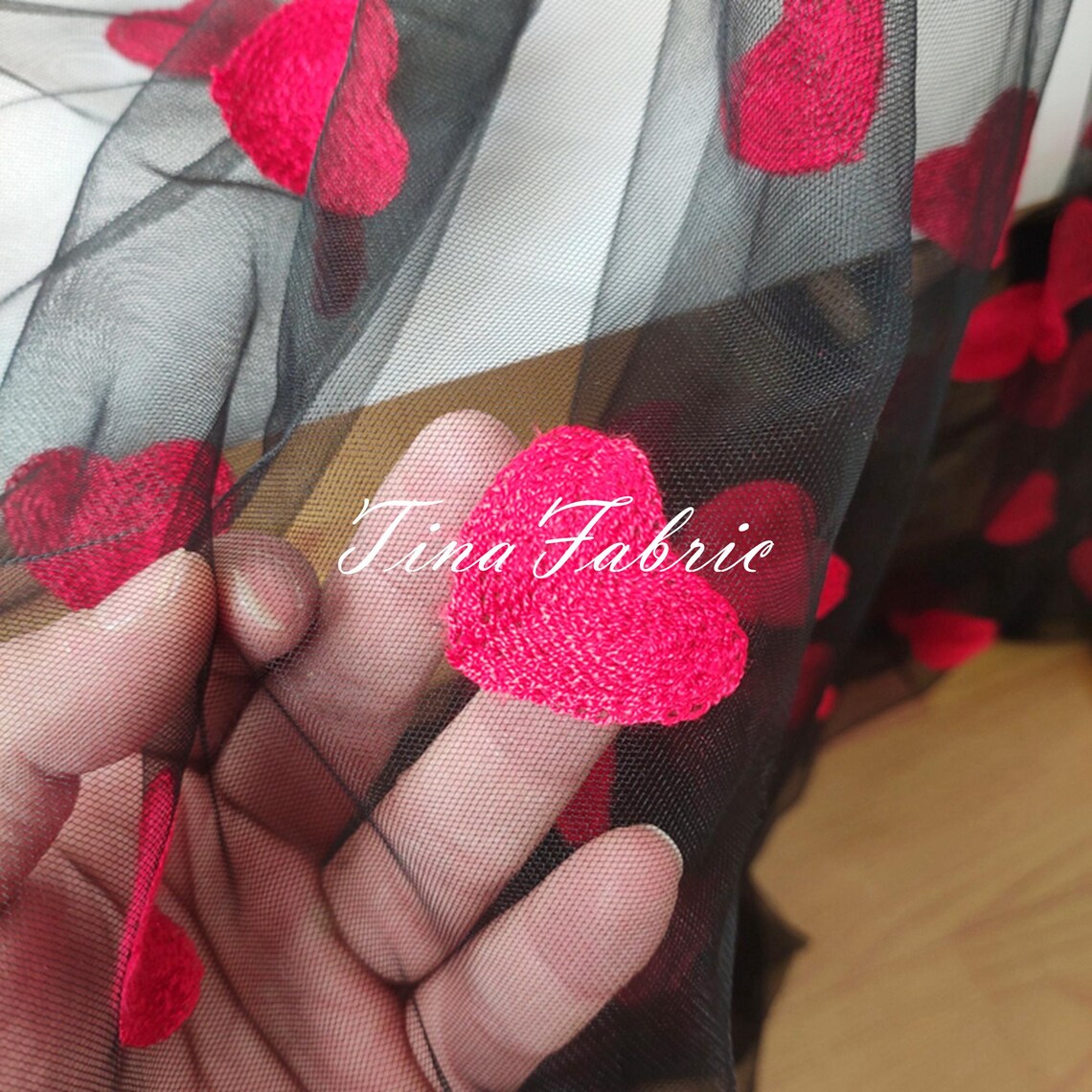 Heart Embroidered Lace Fabric: Black Mesh, 4-way Stretch - by the Half ...