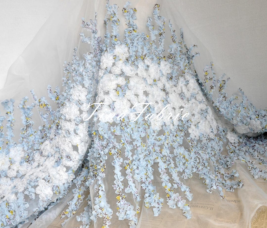 3D Blue Flower Organza Lace Fabric, 4-way Stretch Mesh, by the Half ...