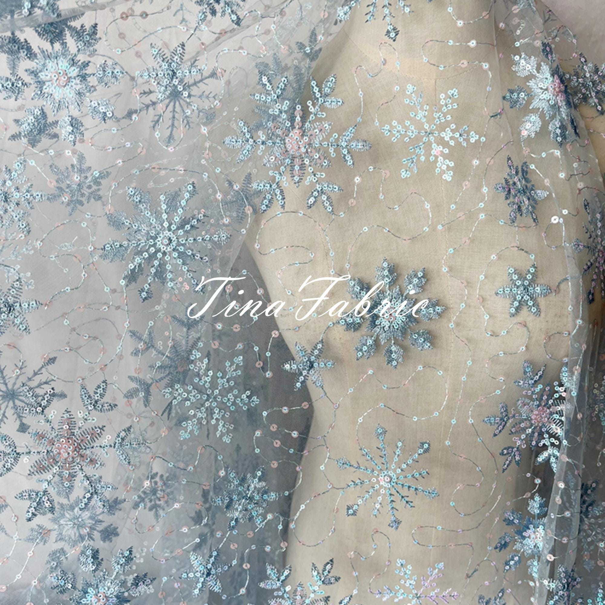 Blue Mesh Embroidered Snowflake Sequins Clothing Fabric, DIY Women's ...