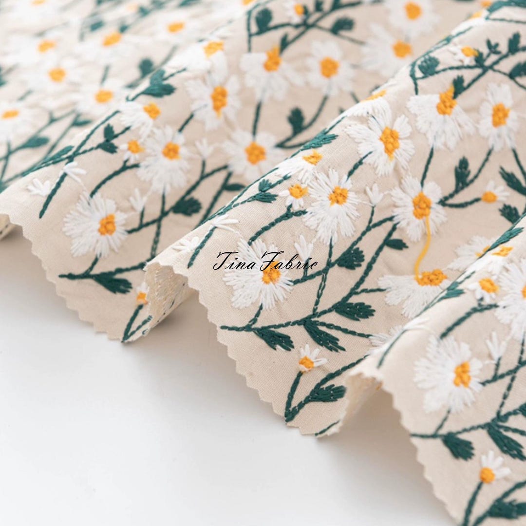 White Daisy Fabric, Embroidered Daisy Fabric, Cotton Linen Fabric, DIY ...