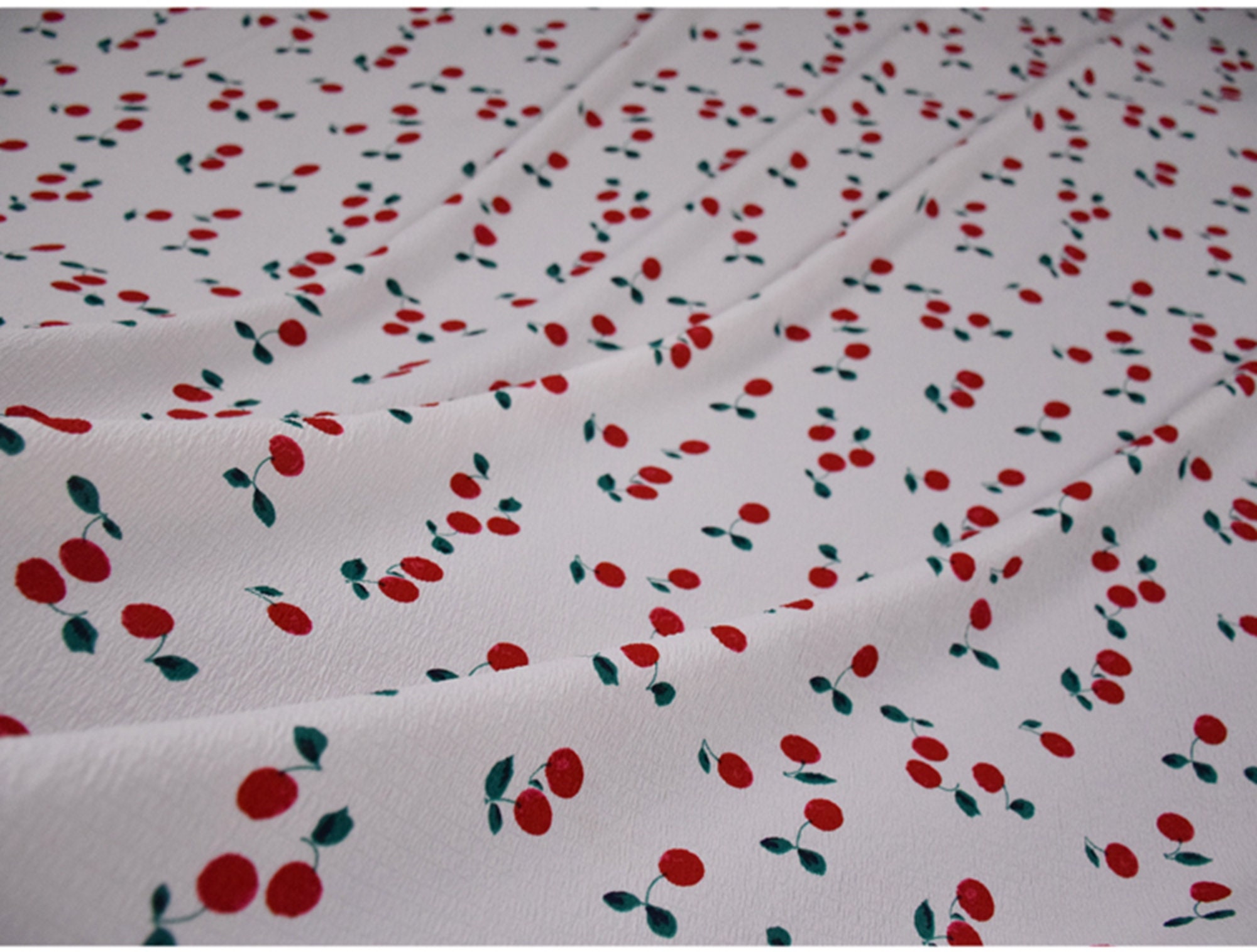 White Little Cherry Printed Fabric Chiffon Crepe Fabric - Etsy