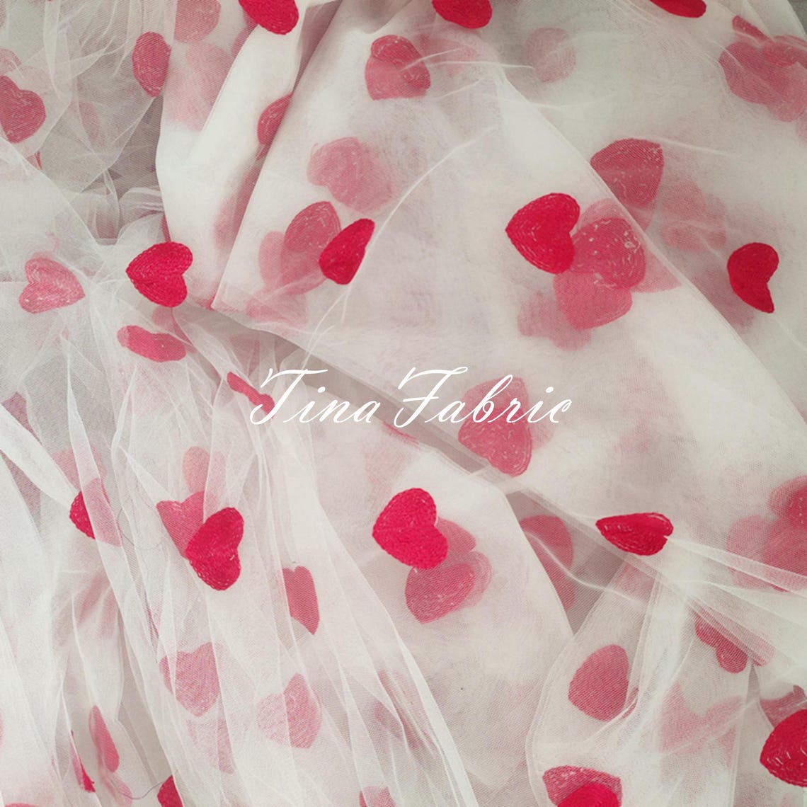 Heart Embroidered Lace Fabric: Black Mesh, 4-way Stretch - by the Half ...