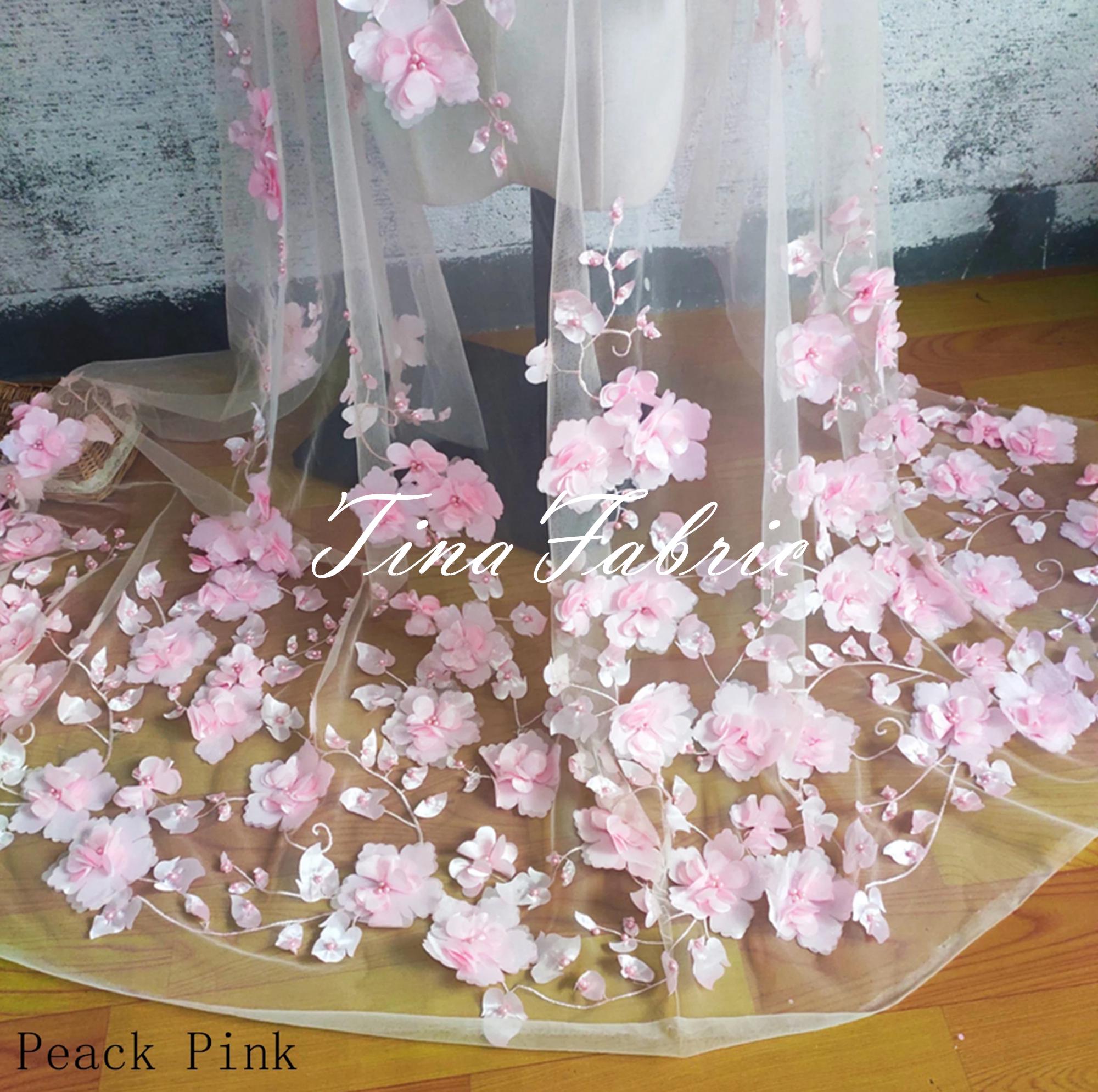 3D Light Pink Chiffon Flower Fabric: Beaded Pearl Tulle Lace, 51'' Wide ...