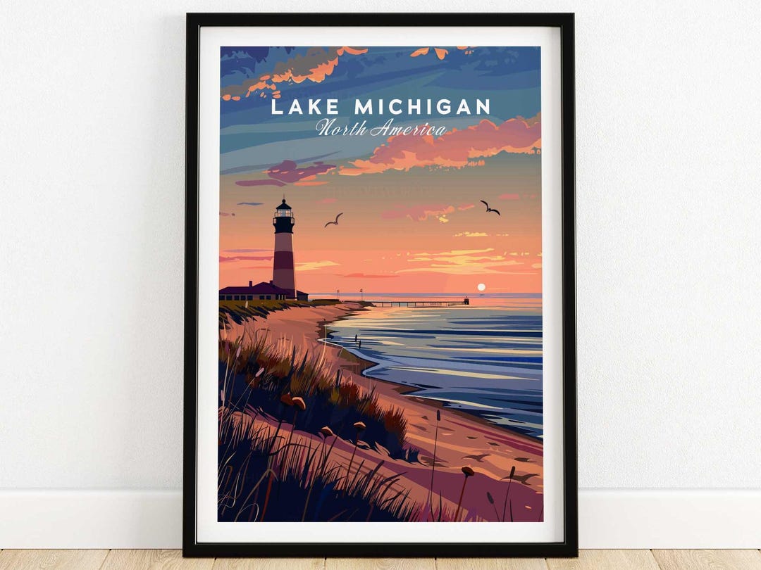 Lake Michigan Travel Poster Great Lakes Travel Print Lake Michigan Wall ...