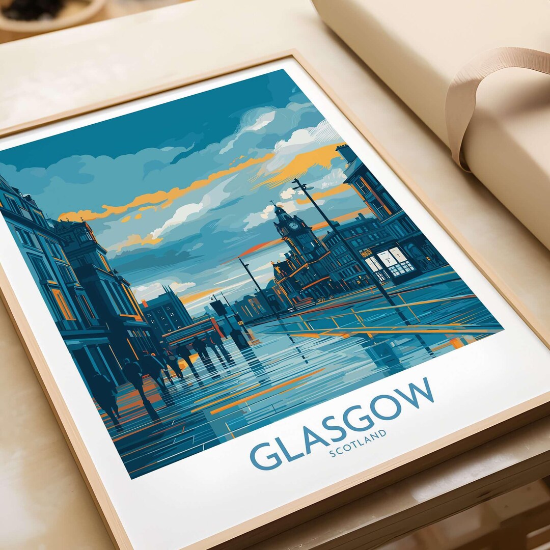 Glasgow Poster Clock Tower Cityscape Art, Scottish Travel Art, Urban ...