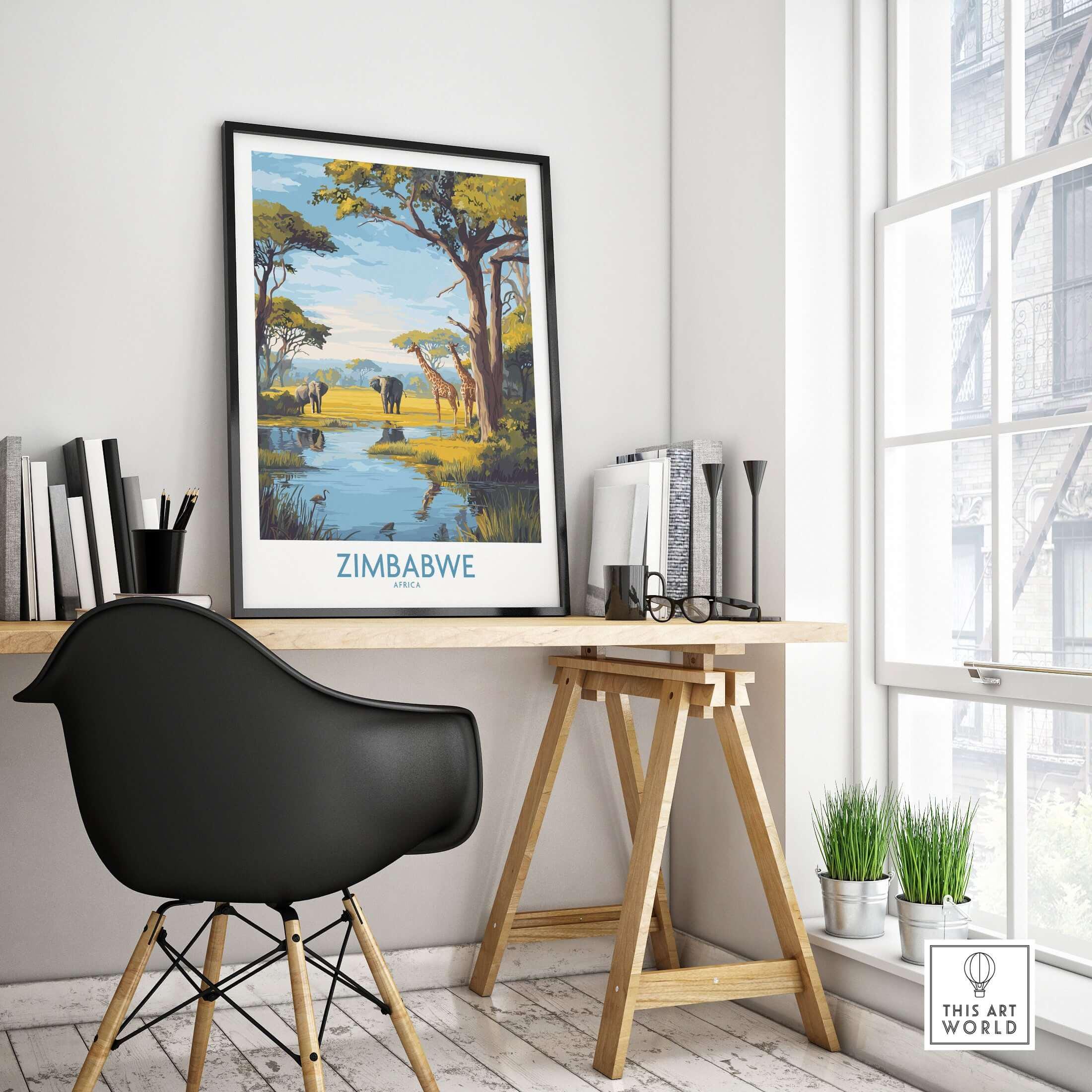 Zimbabwe Safari Poster, African Wildlife Wall Art, Giraffe Decor ...