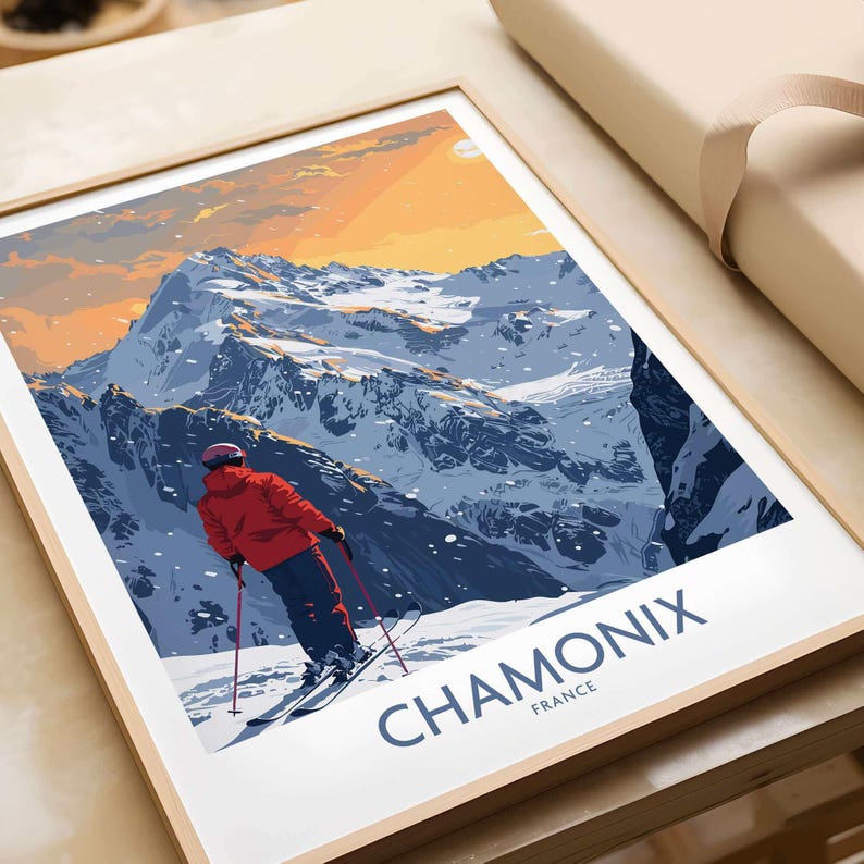 Chamonix Ski Print France Mountain Art Ski Lodge Wall Decor Winter ...