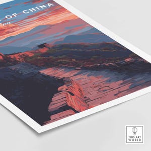Great Wall of China Sunset Travel Poster - Vibrant Mountain Landscape ...