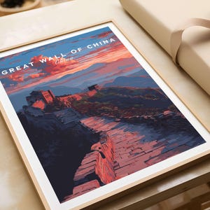 Great Wall of China Sunset Travel Poster - Vibrant Mountain Landscape ...