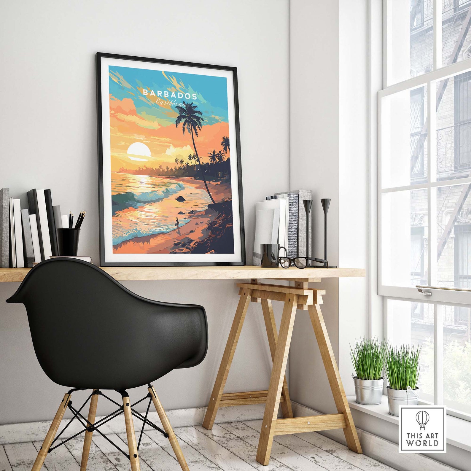 Sunset Beach Poster: Colorful Barbados Travel Art - Framed or Unframed ...