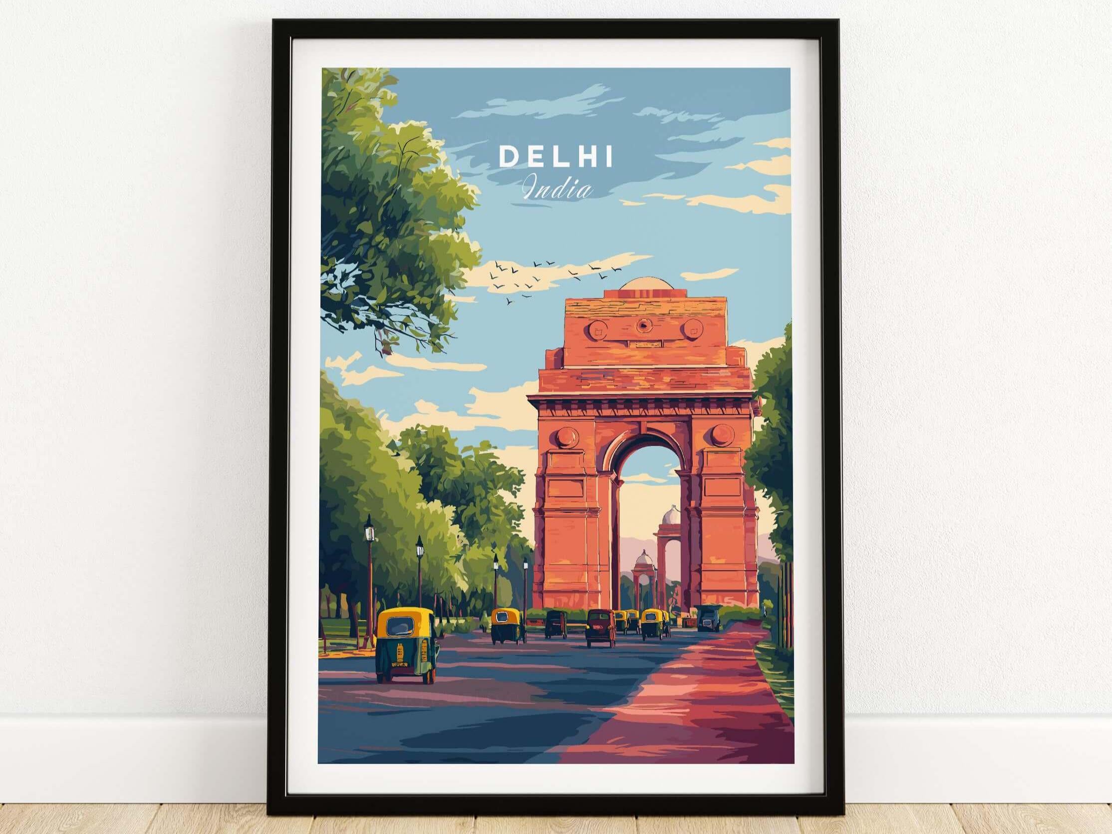 Delhi India Gate Travel Poster India Landmark Print Cityscape Wall Art ...