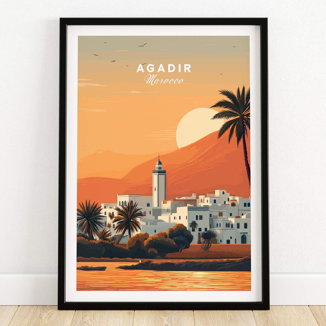 Agadir Travel Poster - Moroccan Mosque Silhouette at Sunset - Etsy