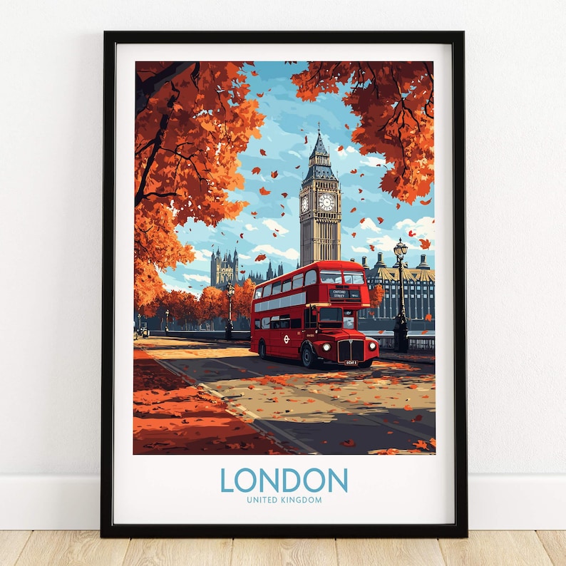 Big Ben Wall Art London Travel Poster, Red Double Decker Print, British ...