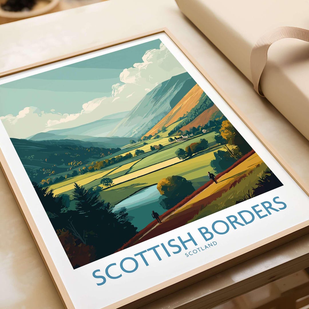 Scotland Valley Hikers Travel Poster Scottish Borders Landscape Print ...
