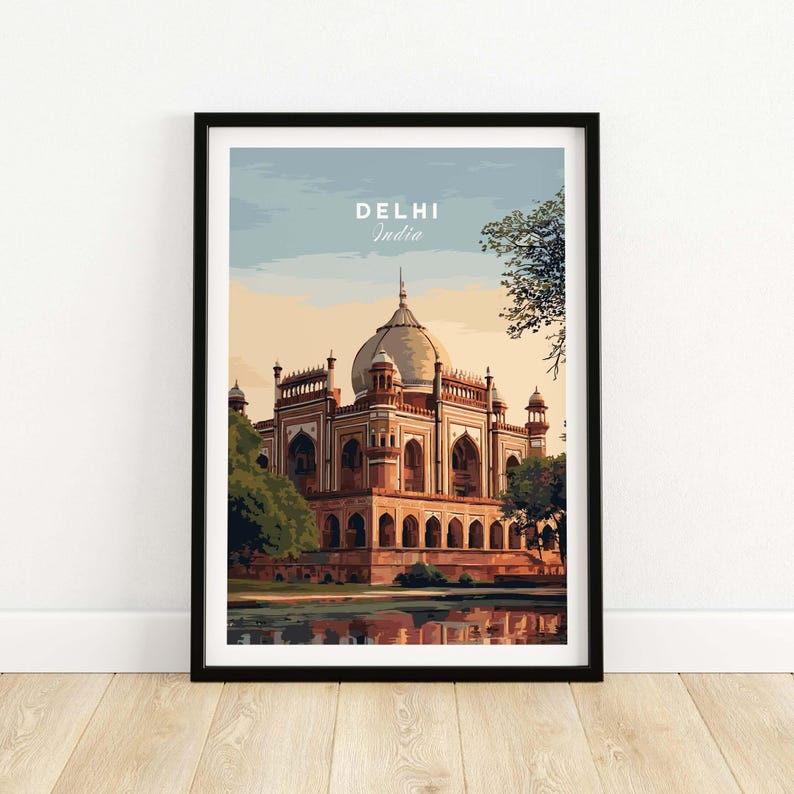 Delhi India Travel Poster Humayuns Tomb Print Mughal Architecture Wall ...