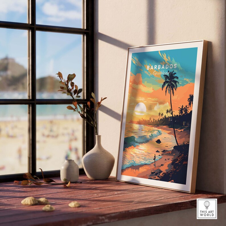 Sunset Beach Poster: Colorful Barbados Travel Art - Framed or Unframed ...