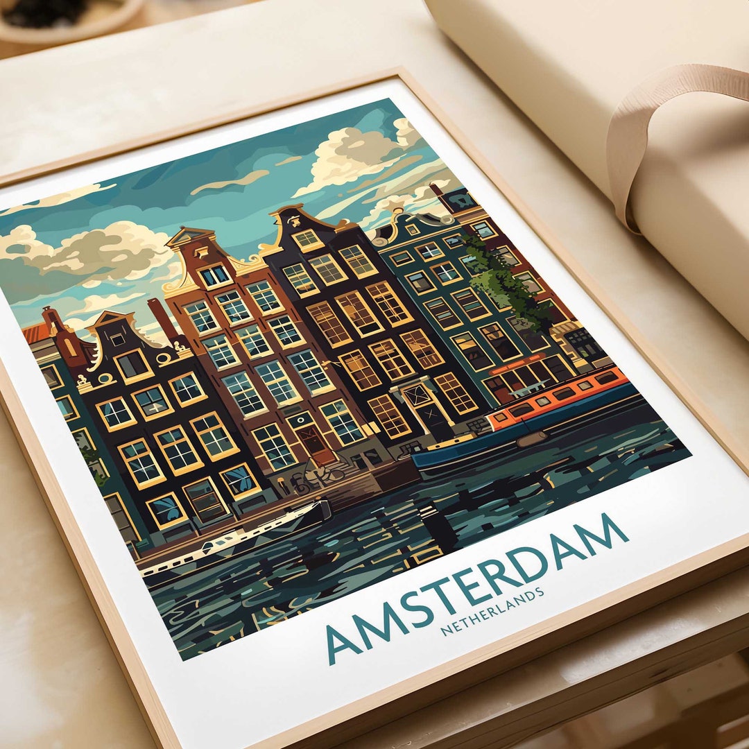 Amsterdam Canal Houses Wall Art, Vintage Travel Print, Dutch Cityscape ...